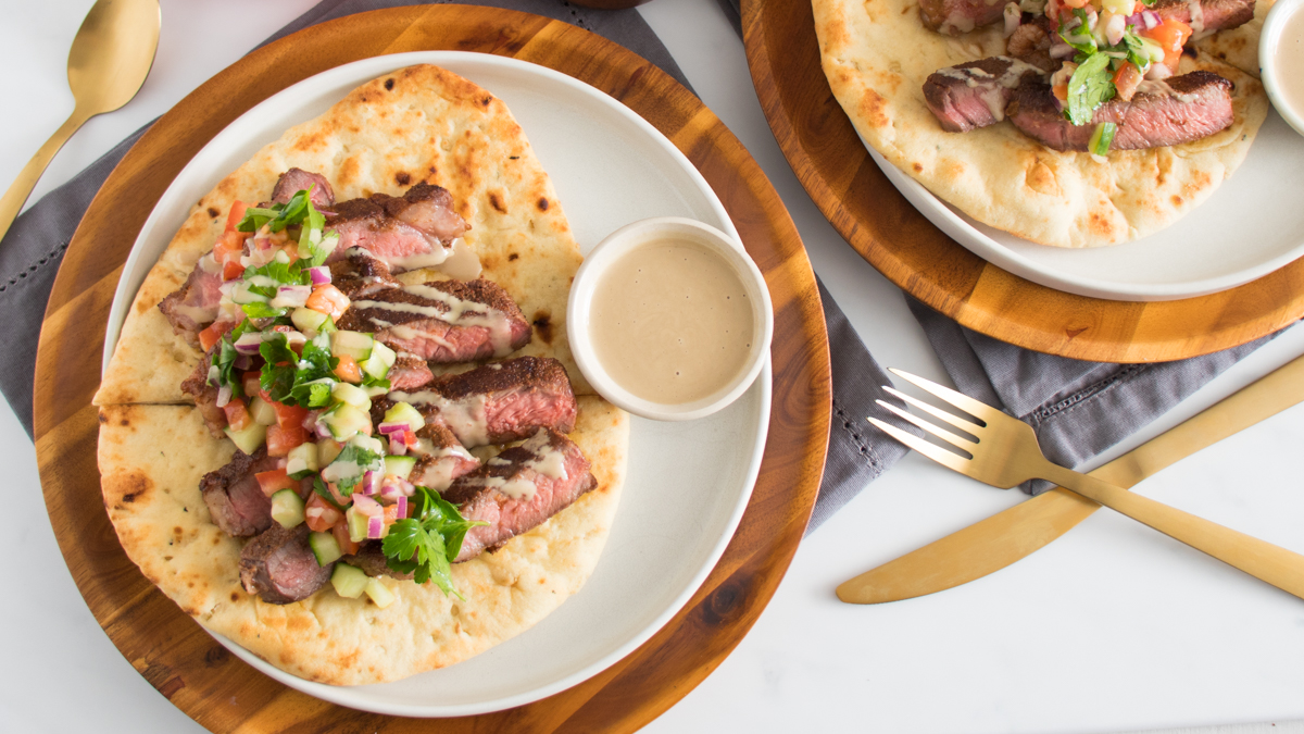 Cumin Steak Shawarma with Israeli Chop Salad and Tahini – Recette Magazine