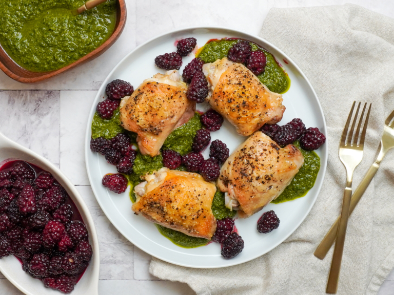 Chermoula Chicken Thighs with Roasted Blackberries – Recette Magazine