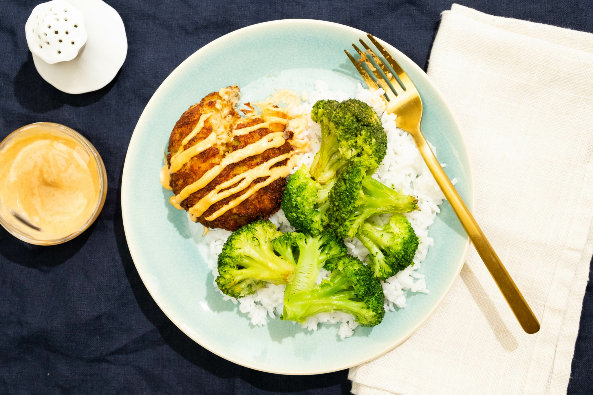 Meal Card: Creamy Sriracha Crab Cake with Jasmine Rice and Broccoli ...