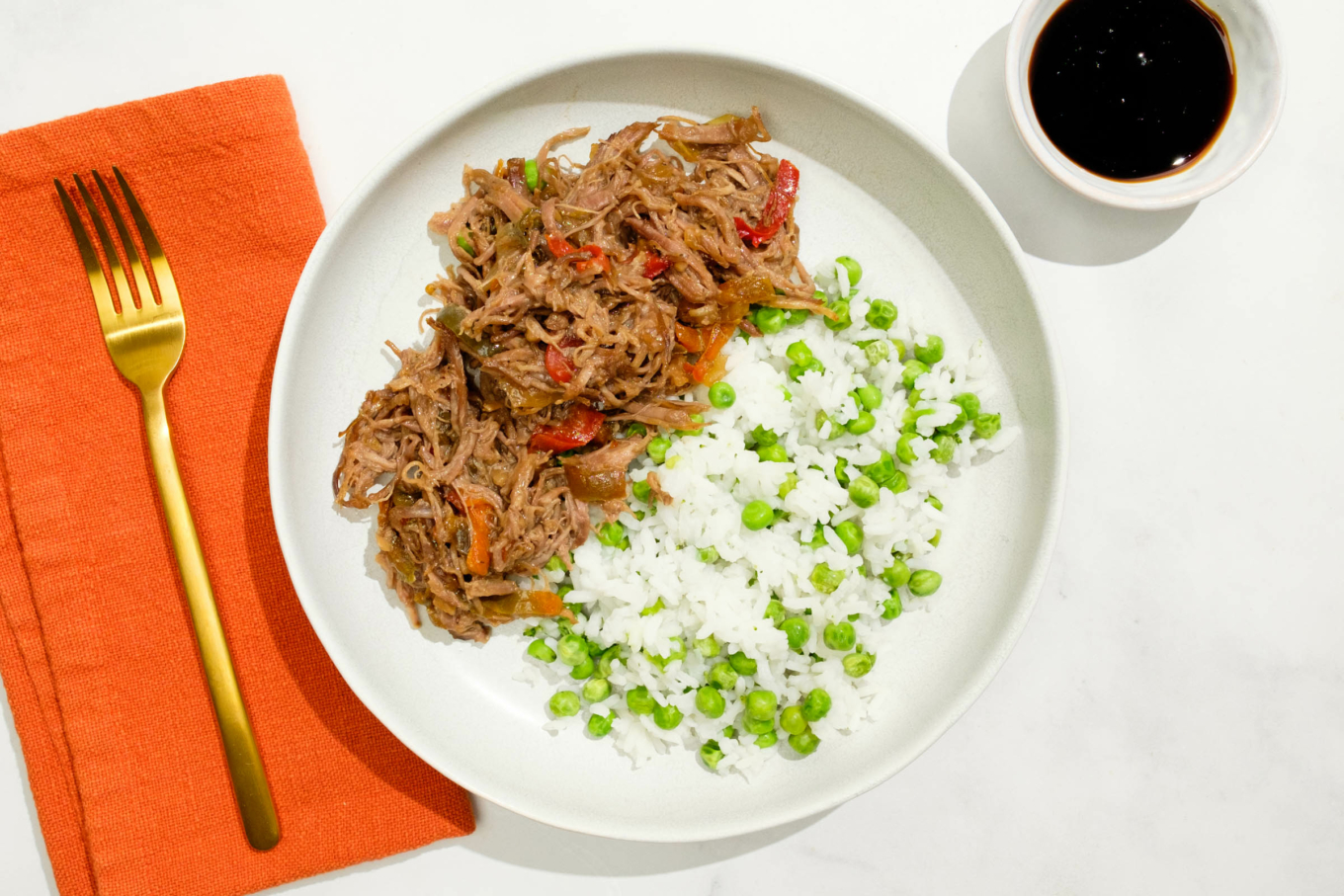 Meal Card: Sweet Soy Braised Beef with White Rice & Green Peas ...