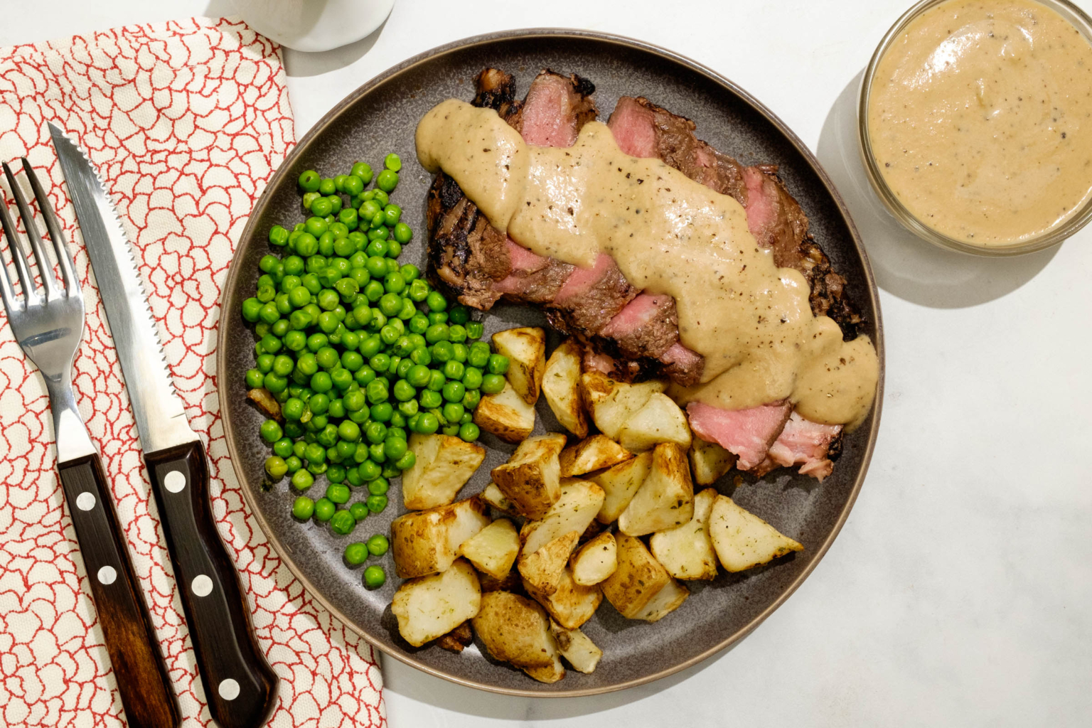 Meal Card: Prime Rib & Peppercorn Sauce with Roasted Potatoes and Peas ...